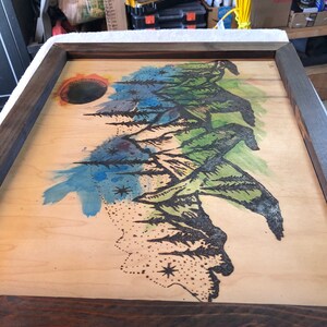 Bear/mtn Range Pyrography With Water Color Accents. Framed in Handmade ...