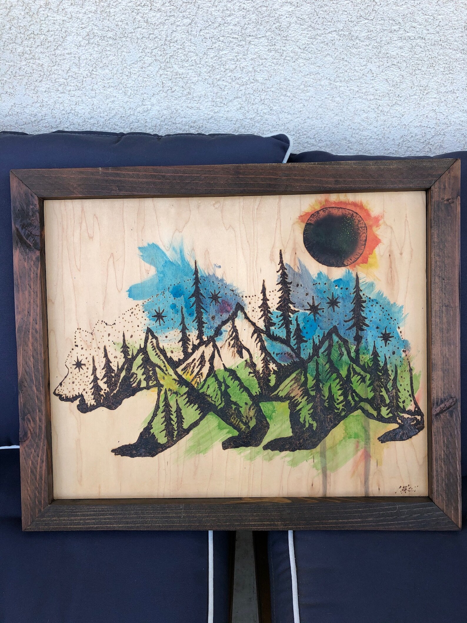 Bear/mtn Range Pyrography With Water Color Accents. Framed in Handmade ...