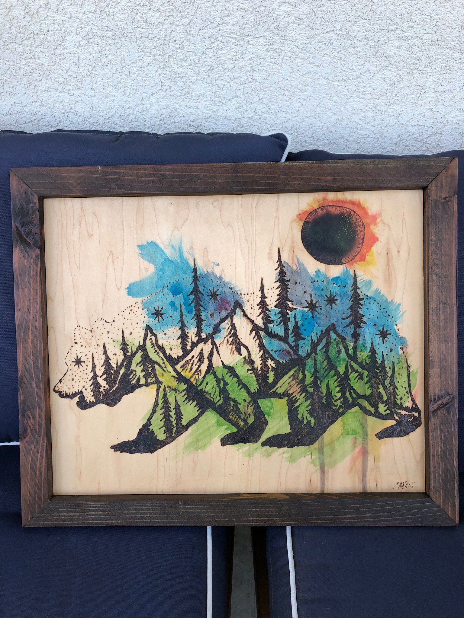 Bear/mtn Range Pyrography With Water Color Accents. Framed in Handmade ...