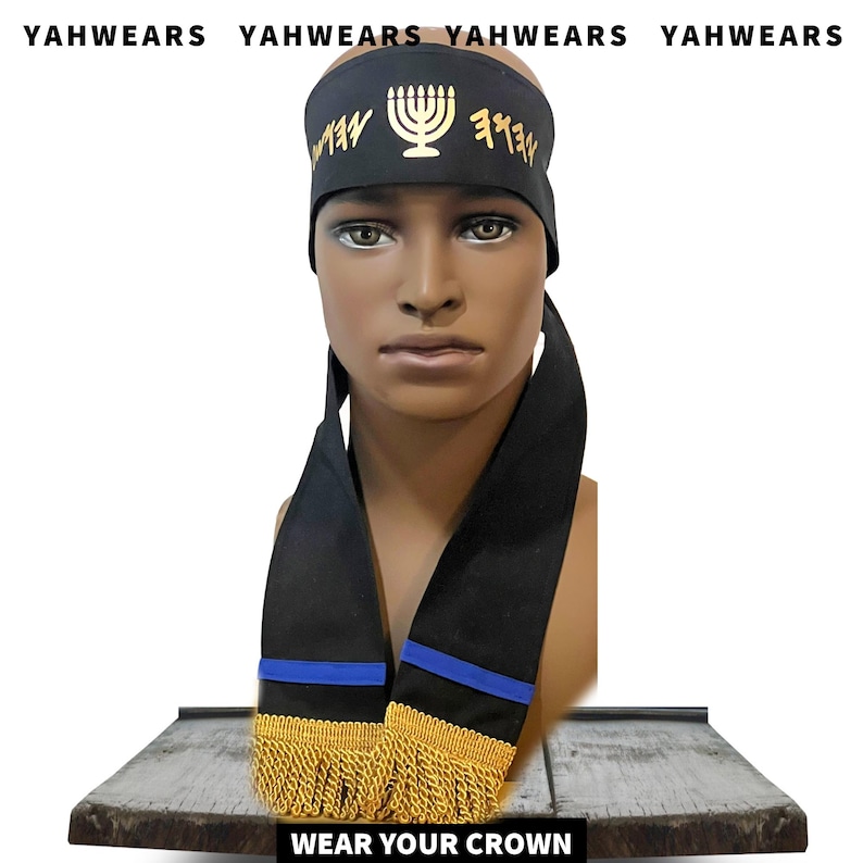 Hebrew Israelite Mitre Headband, Men's Black Turban With Gold Menorah ...