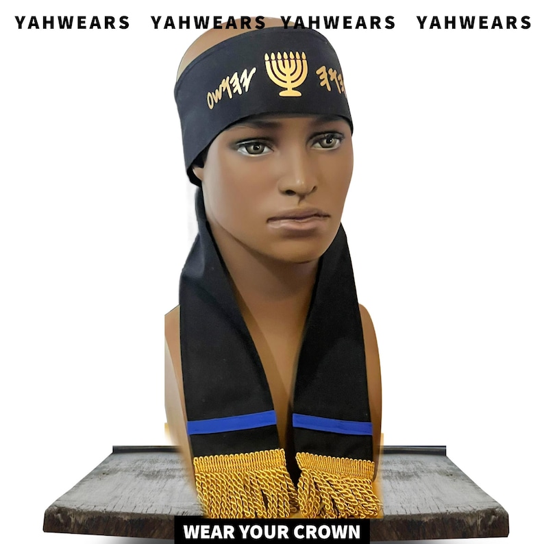 Hebrew Israelite Mitre Headband, Men's Black Turban With Gold Menorah ...