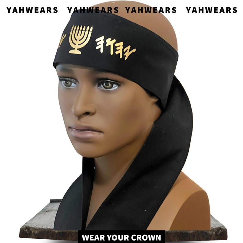 Hebrew Israelite Mitre Headband, Men's Black Turban With Gold Menorah ...