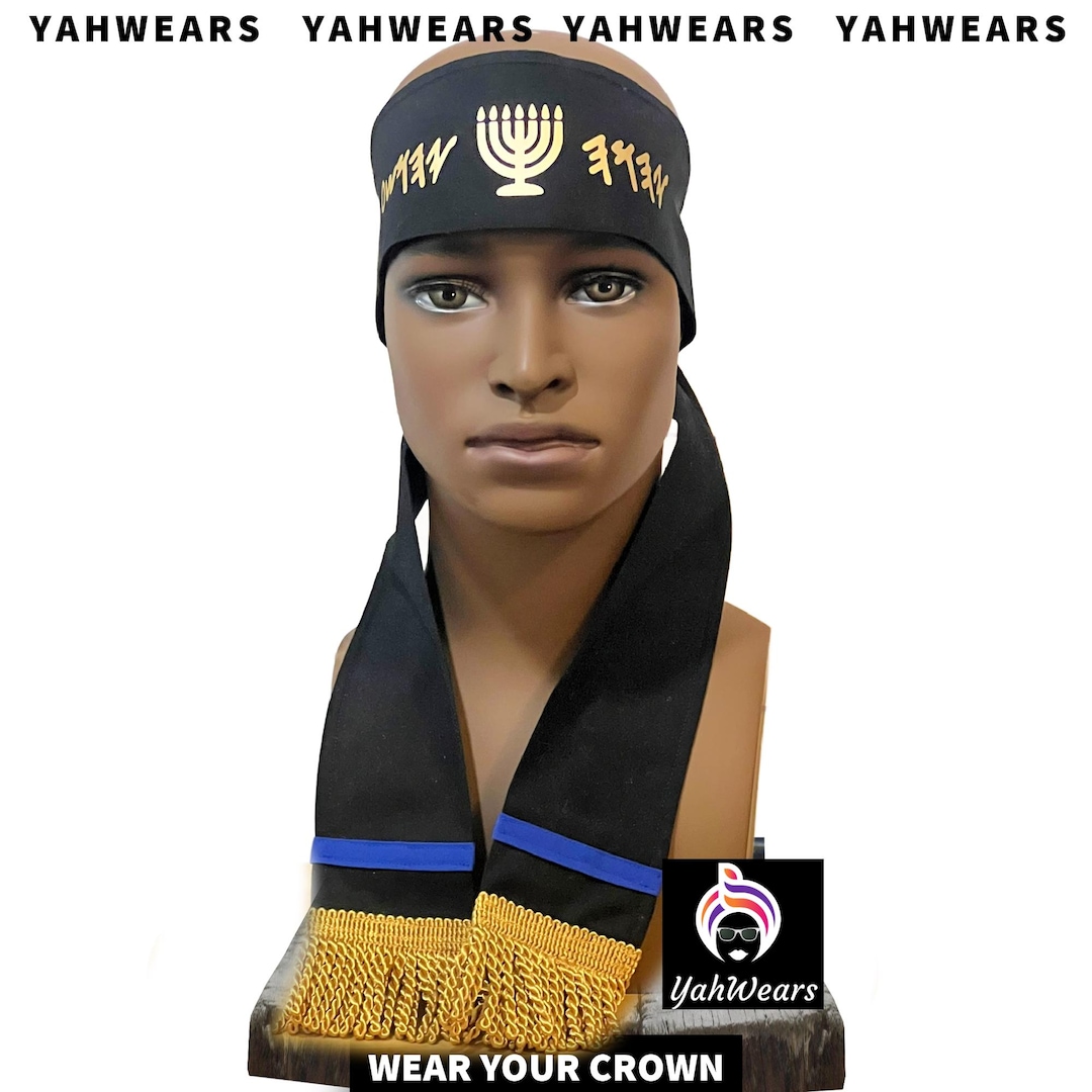 Hebrew Israelite Mitre Headband, Men's Black Turban With Gold Menorah ...
