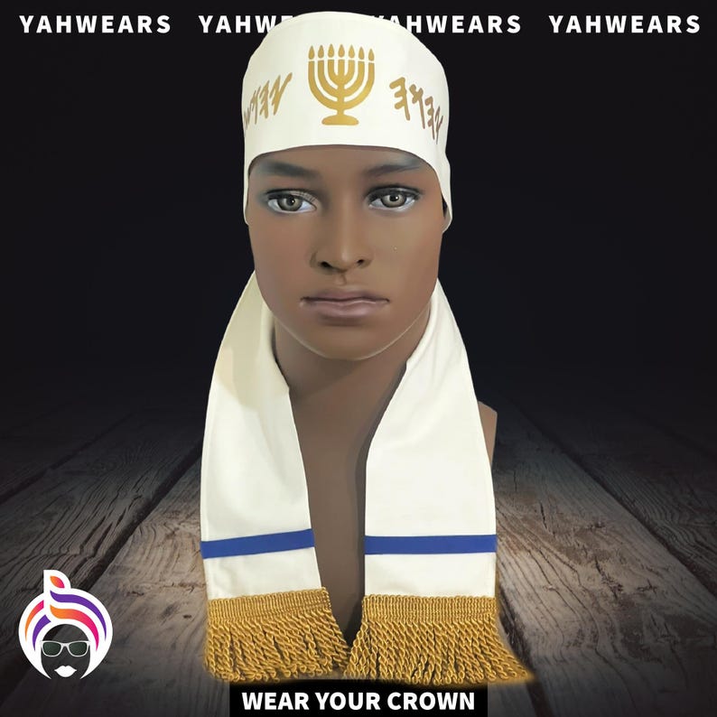 Hebrew Israelite Mitre Headband, Men's Black Turban With Gold Menorah ...