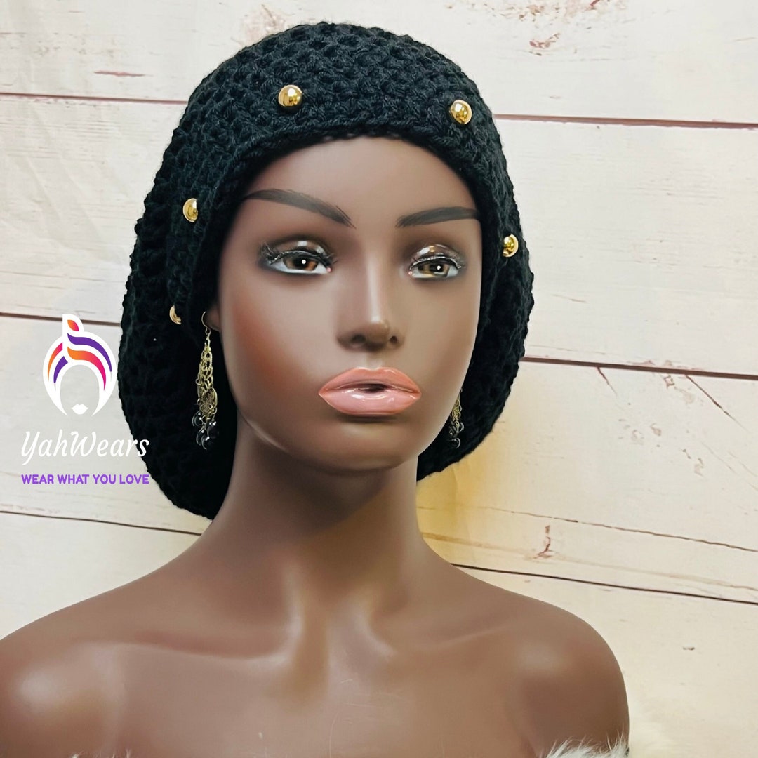 Handmade Black Beaded Tam, Large Beanie, Dread Tam Hat, Slouch Hat, Slouchy Beanie, Knit Hat ...