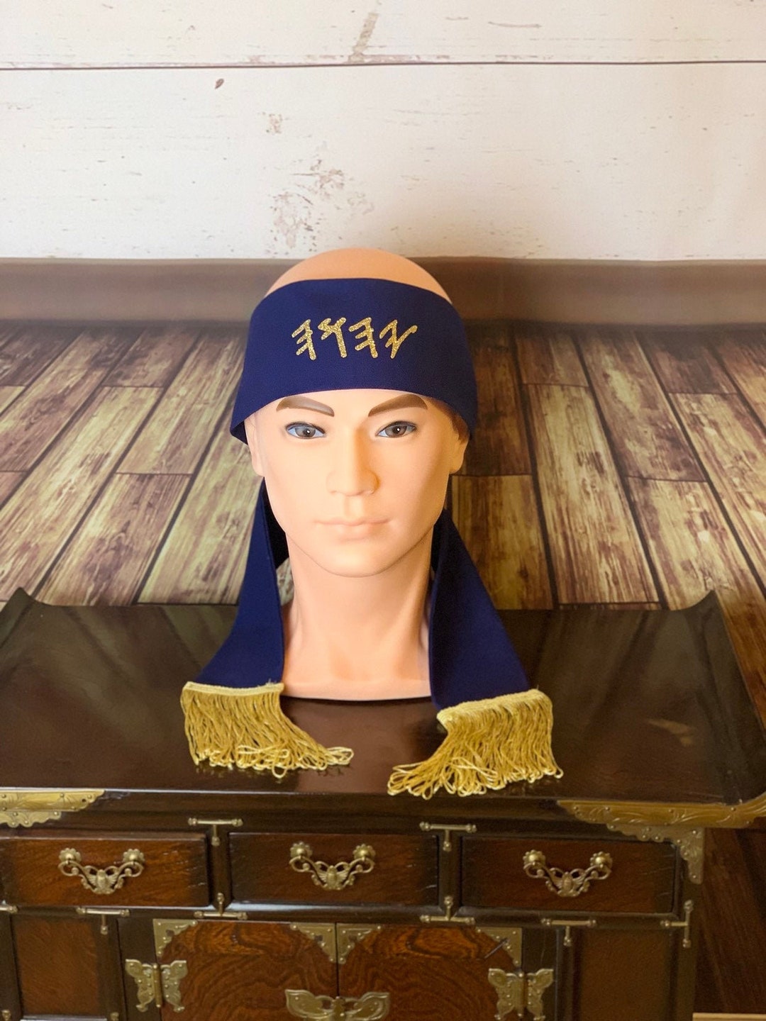 Navy Blue Mitre With Gold Fringes Turban Tie Back Hebrew - Etsy