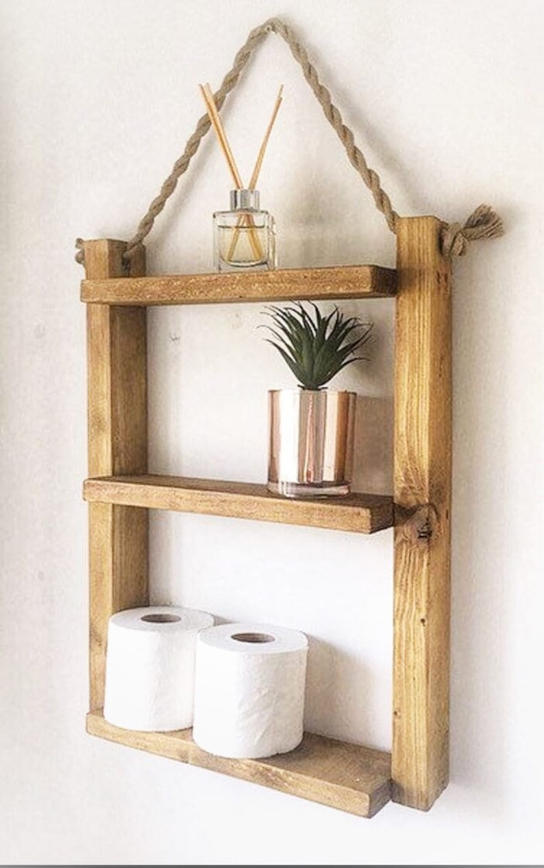 Rustic wooden rope ladder shelf Bathroom toiletry display. | Etsy