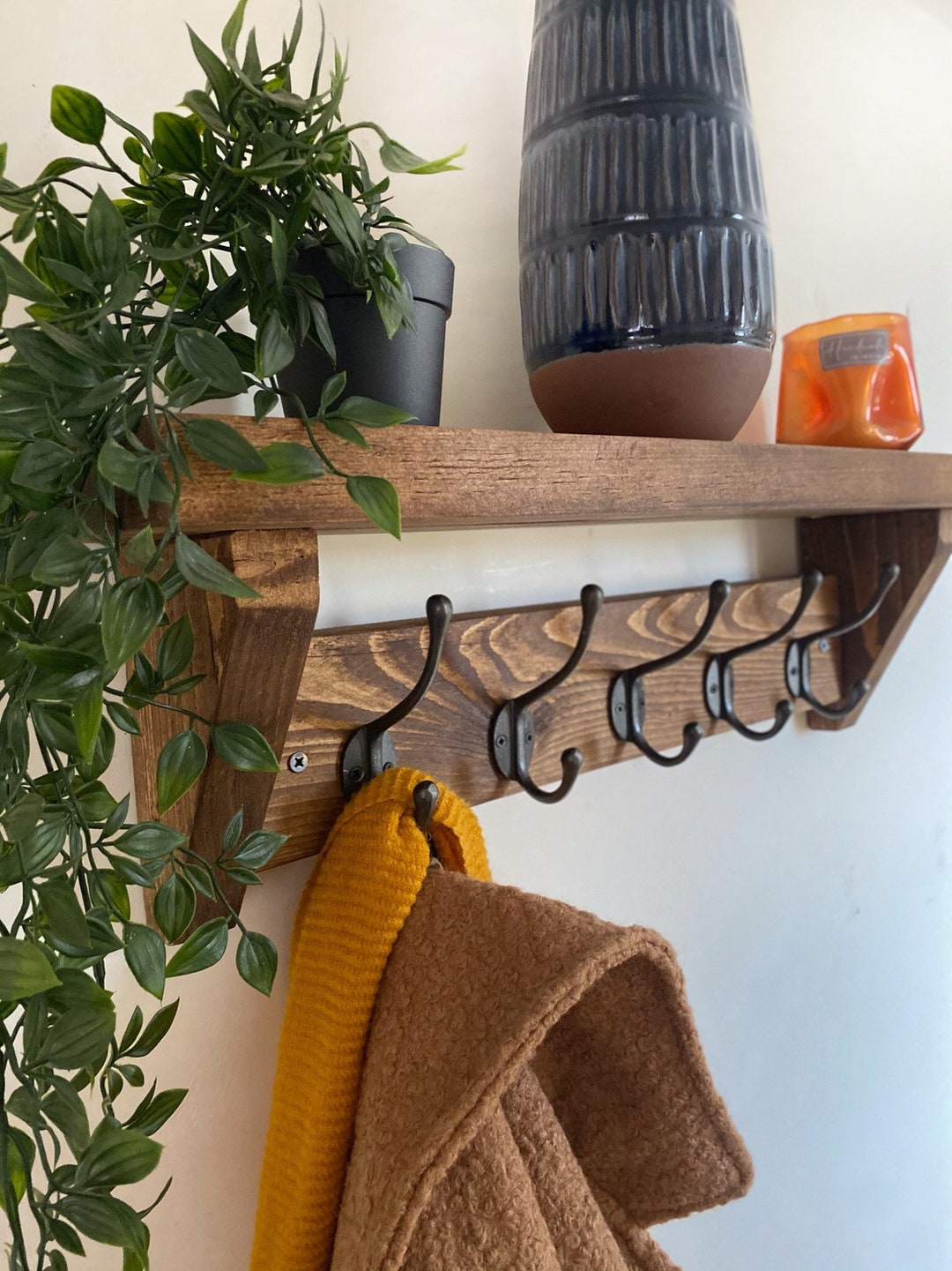 Coat Hanger With Shelf, Wooden Rustic Coat Rack, Chunky Coat Hanging ...