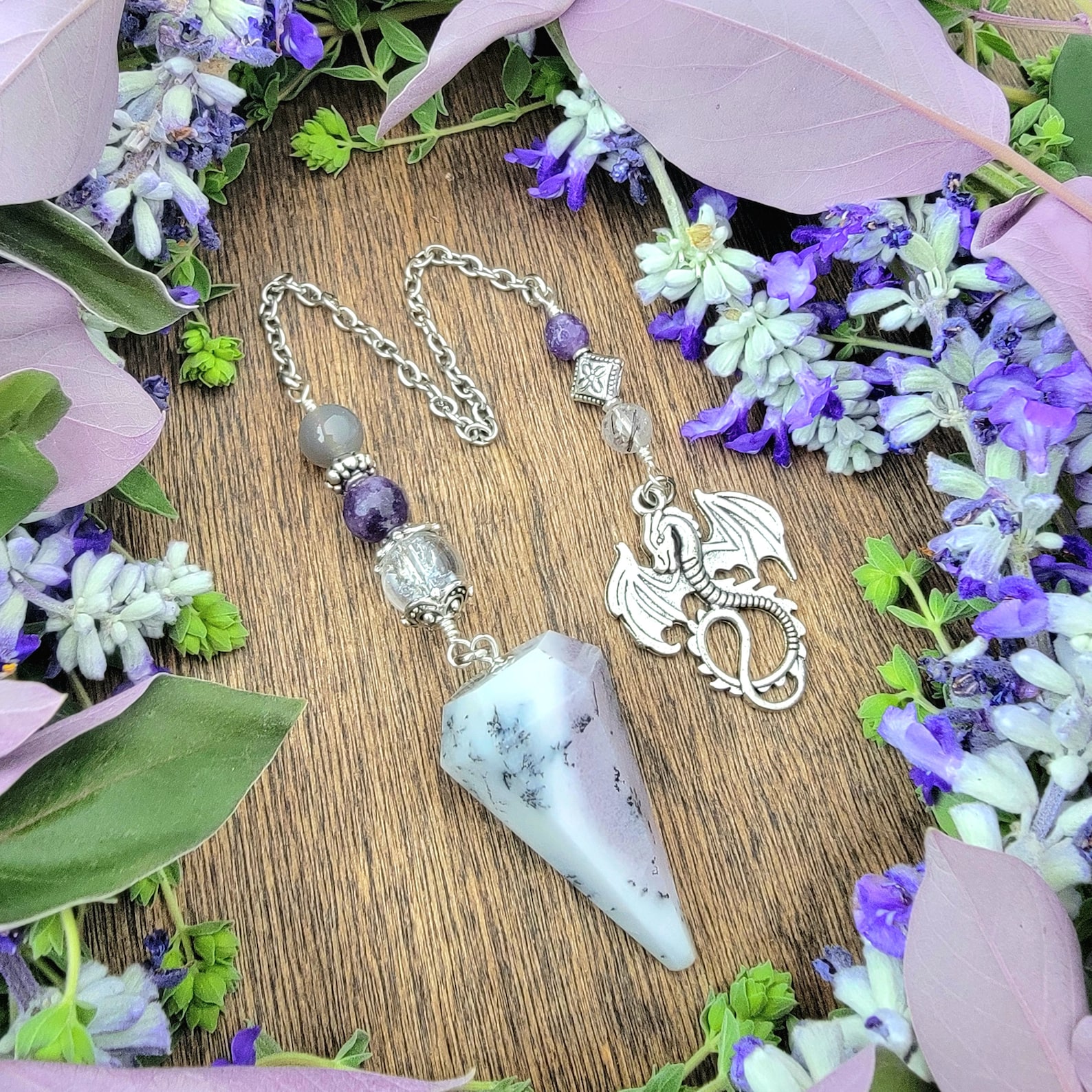 Dendritic Opal Dragon Pendulum | White Stone | Dragon | Lepidolite ...
