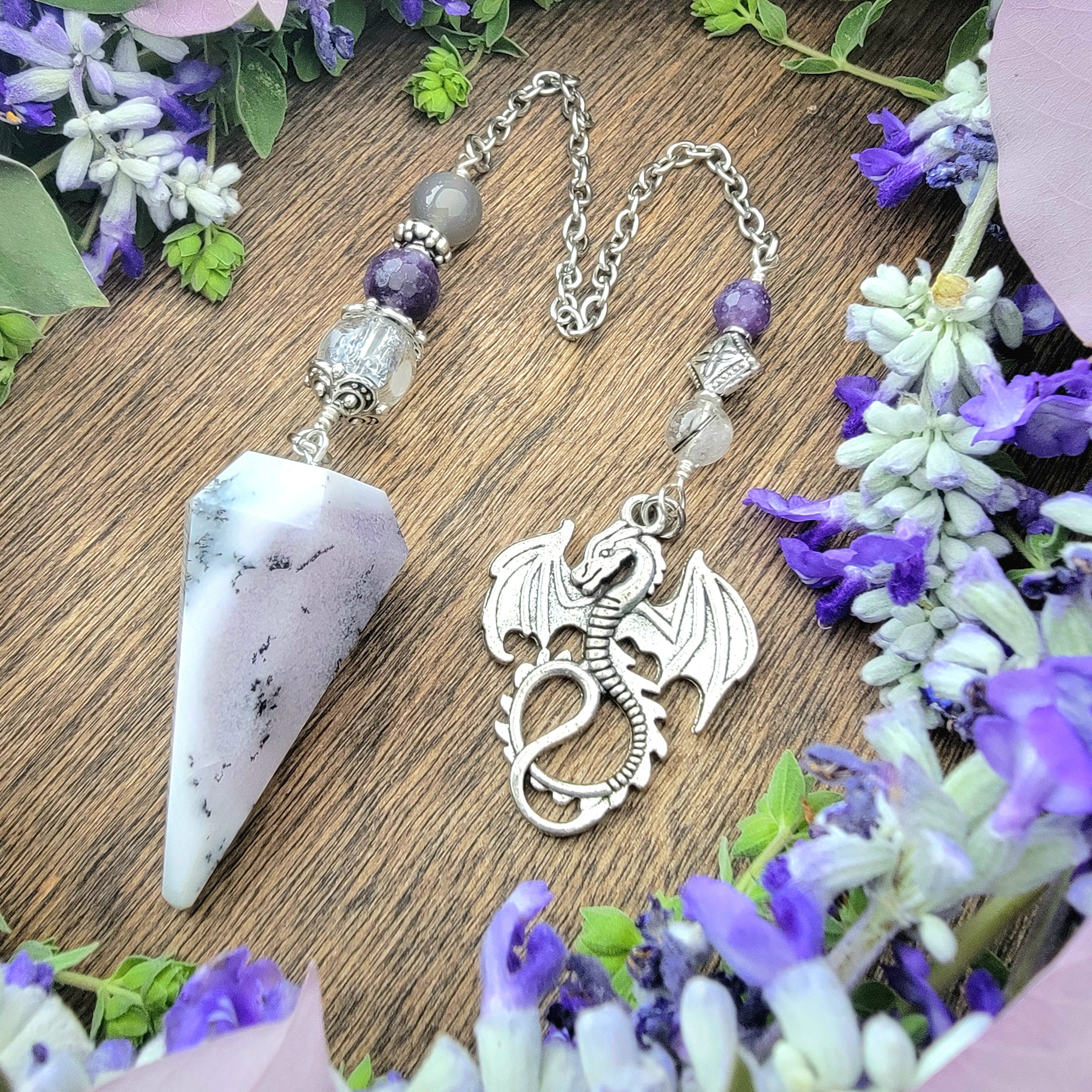 Dendritic Opal Dragon Pendulum | White Stone | Dragon | Lepidolite ...