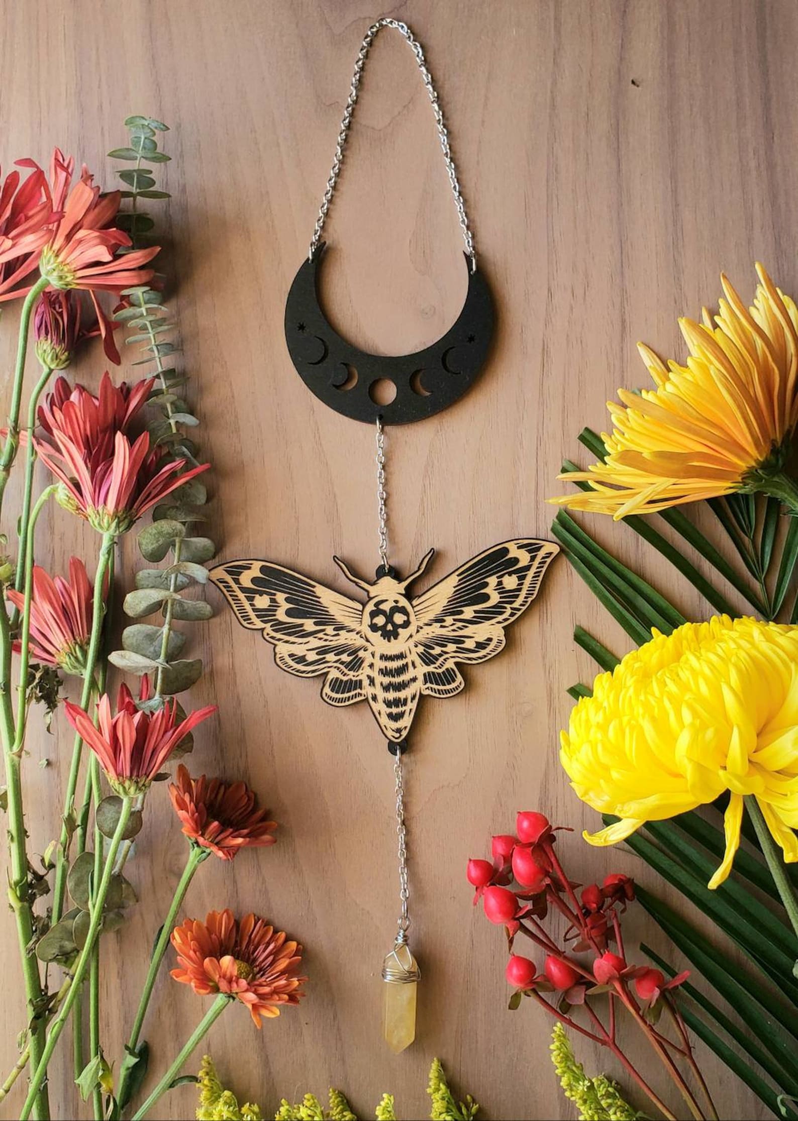 Moon and Moth Wood Wall Decor Hanging | Hawkmoth | Death Head Moth ...