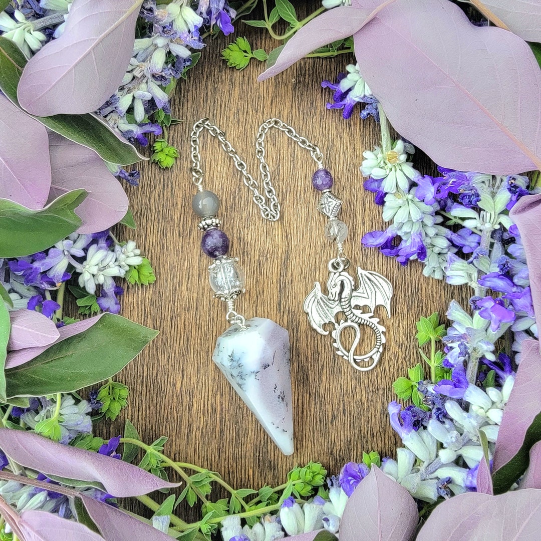 Dendritic Opal Dragon Pendulum | White Stone | Dragon | Lepidolite ...