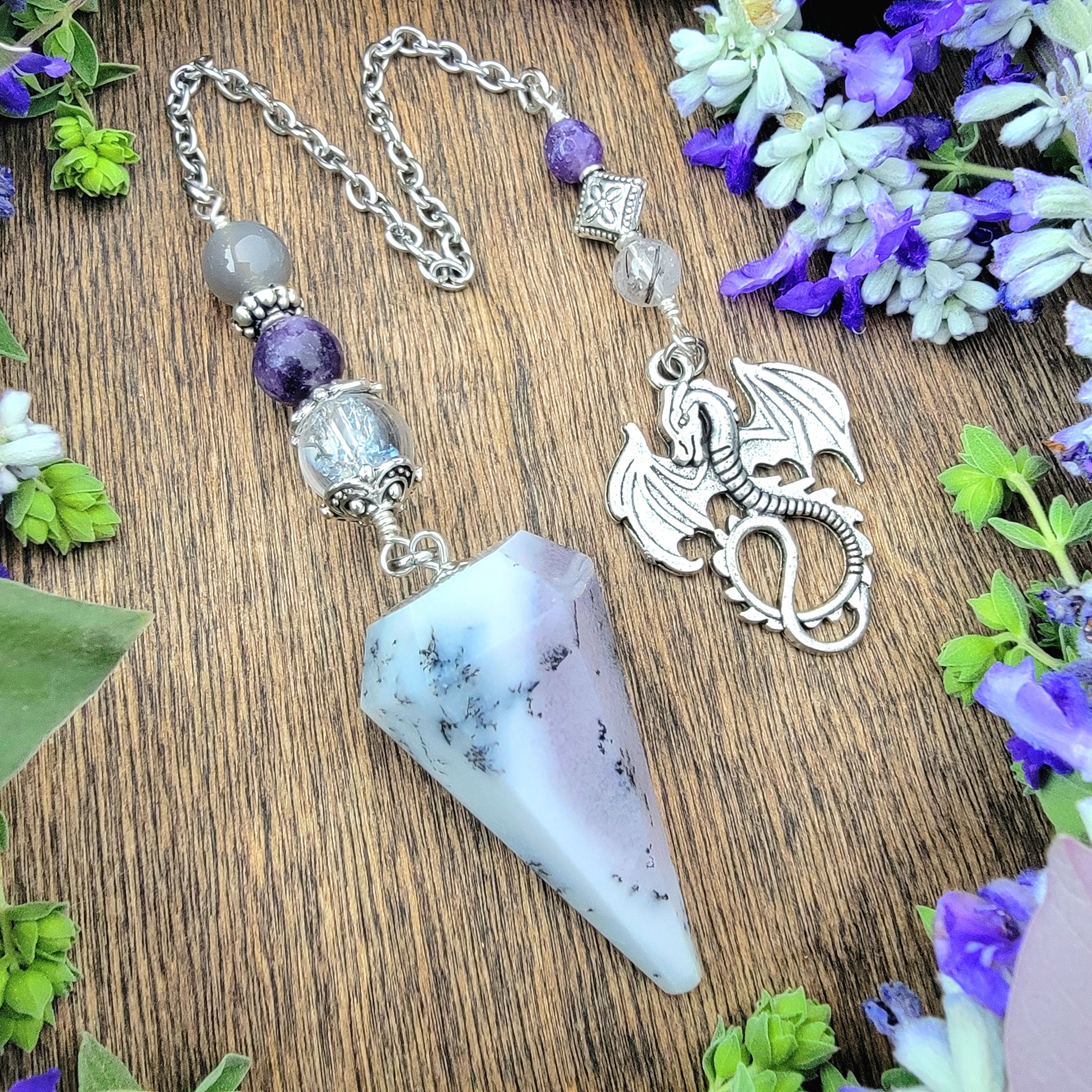 Dendritic Opal Dragon Pendulum | White Stone | Dragon | Lepidolite ...