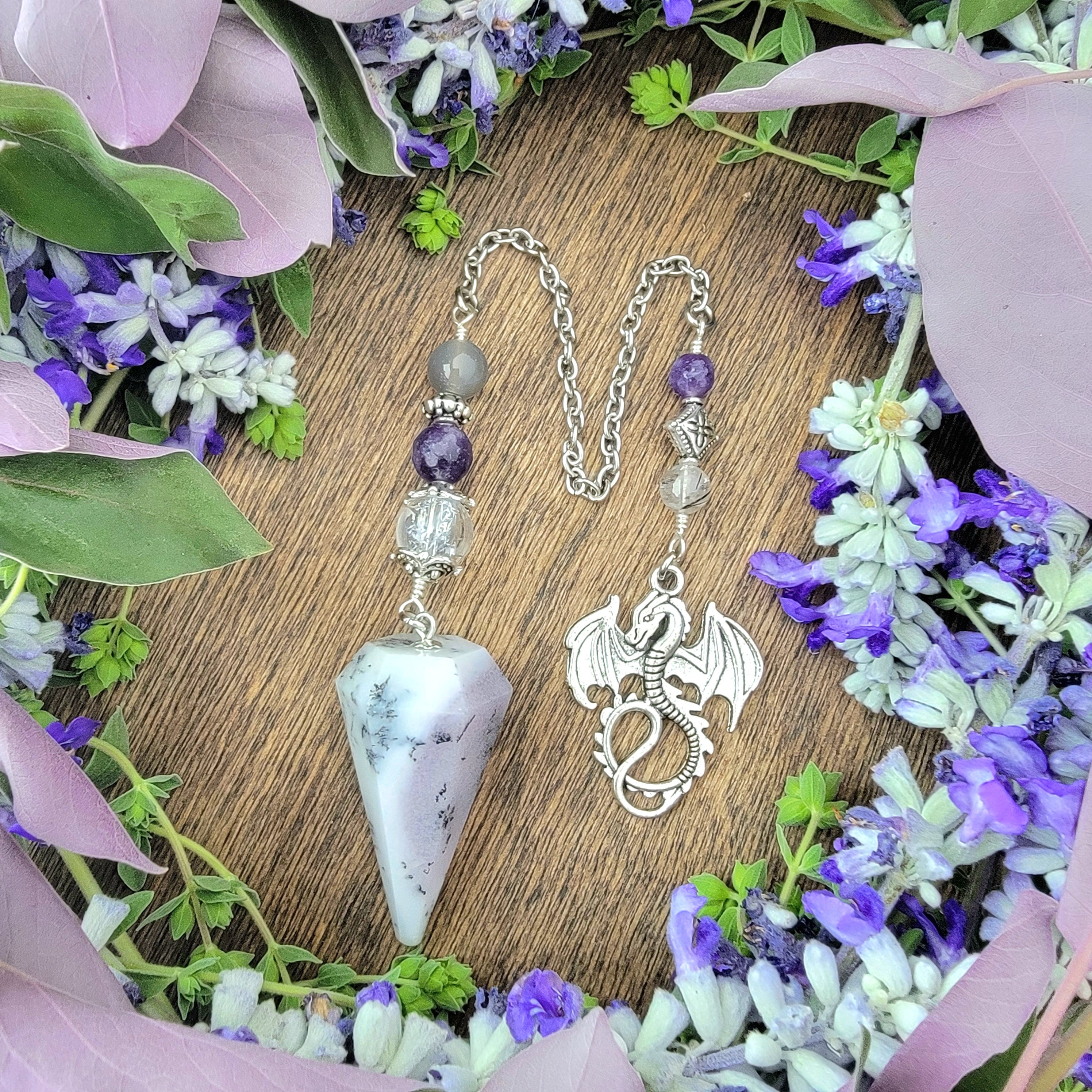 Dendritic Opal Dragon Pendulum | White Stone | Dragon | Lepidolite ...