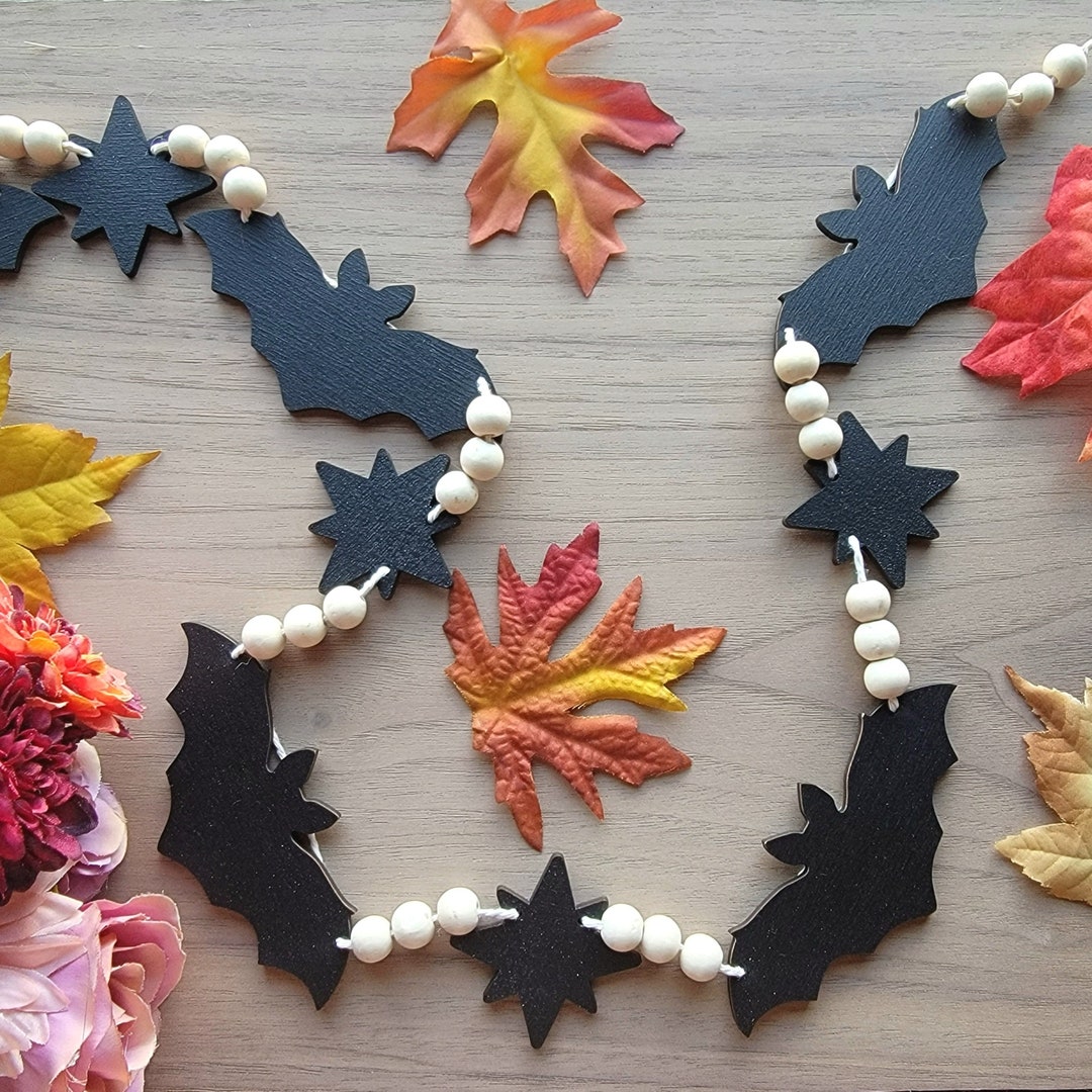 Bats and Stars Wood Garland | Samhain Halloween | Wall Hanging Decor ...