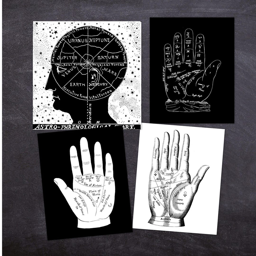 Palmistry & Astro-phrenology Art Prints: Celestial Steampunk Decor (set ...