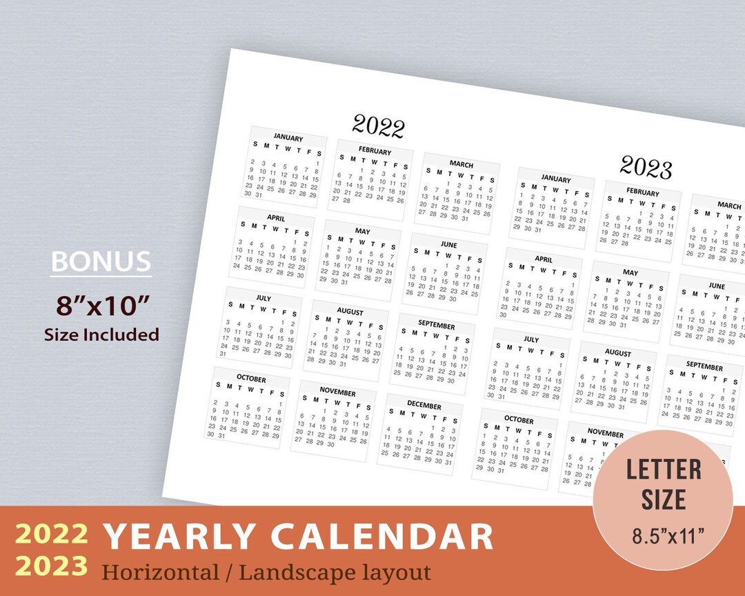 2022-2023 Yearly Calendar, Horizontal Wall Calendar, Desktop Calendar ...