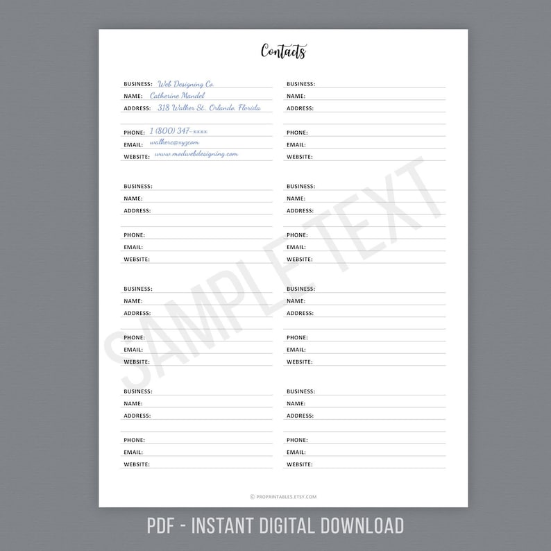 Contacts Page Printable, Contact Sheet, Address Book, Planner Inserts ...