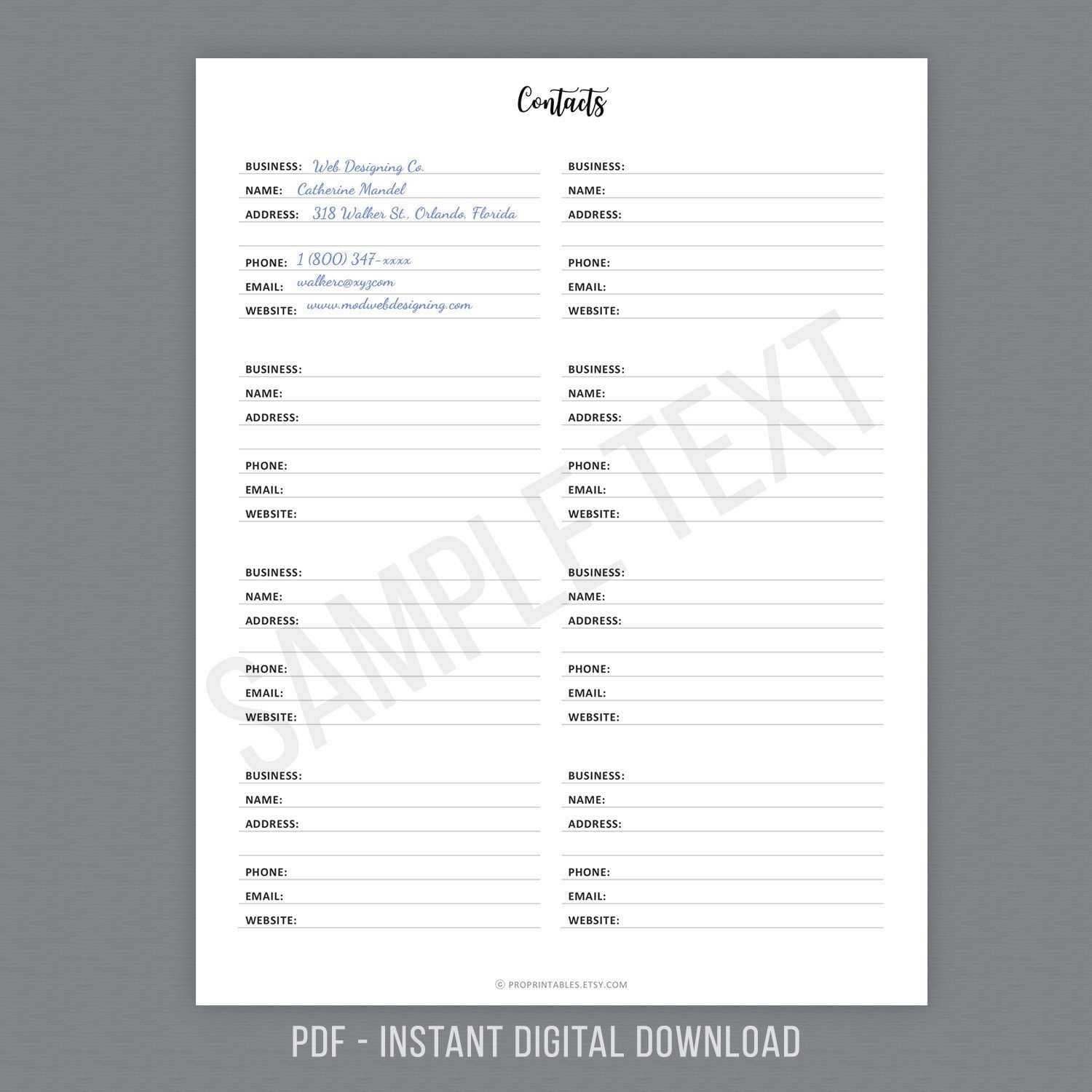 Contacts Page Printable, Contact Sheet, Address Book, Planner Inserts ...