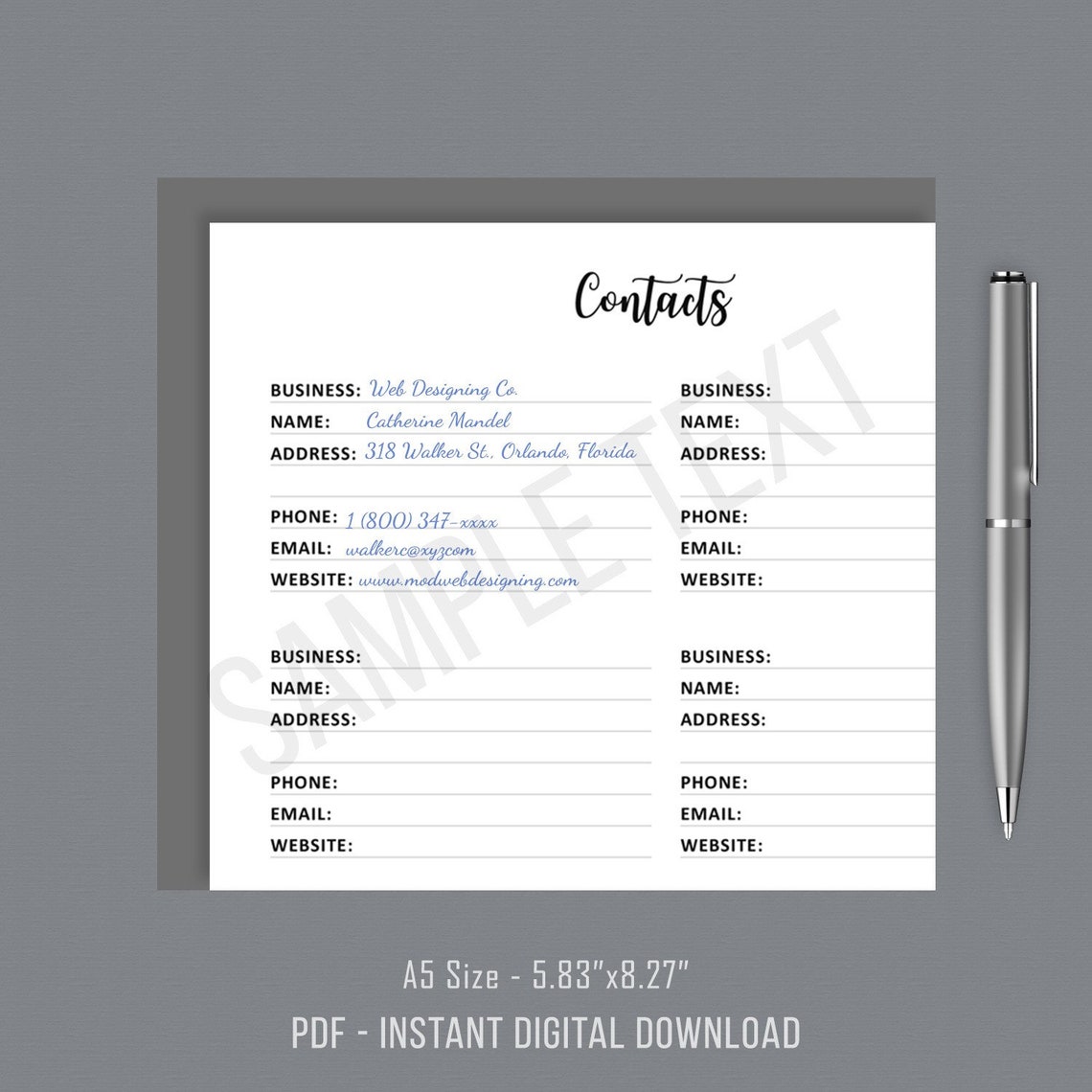 Contacts Page Printable, Contact Sheet, Address Book, Business Contacts ...