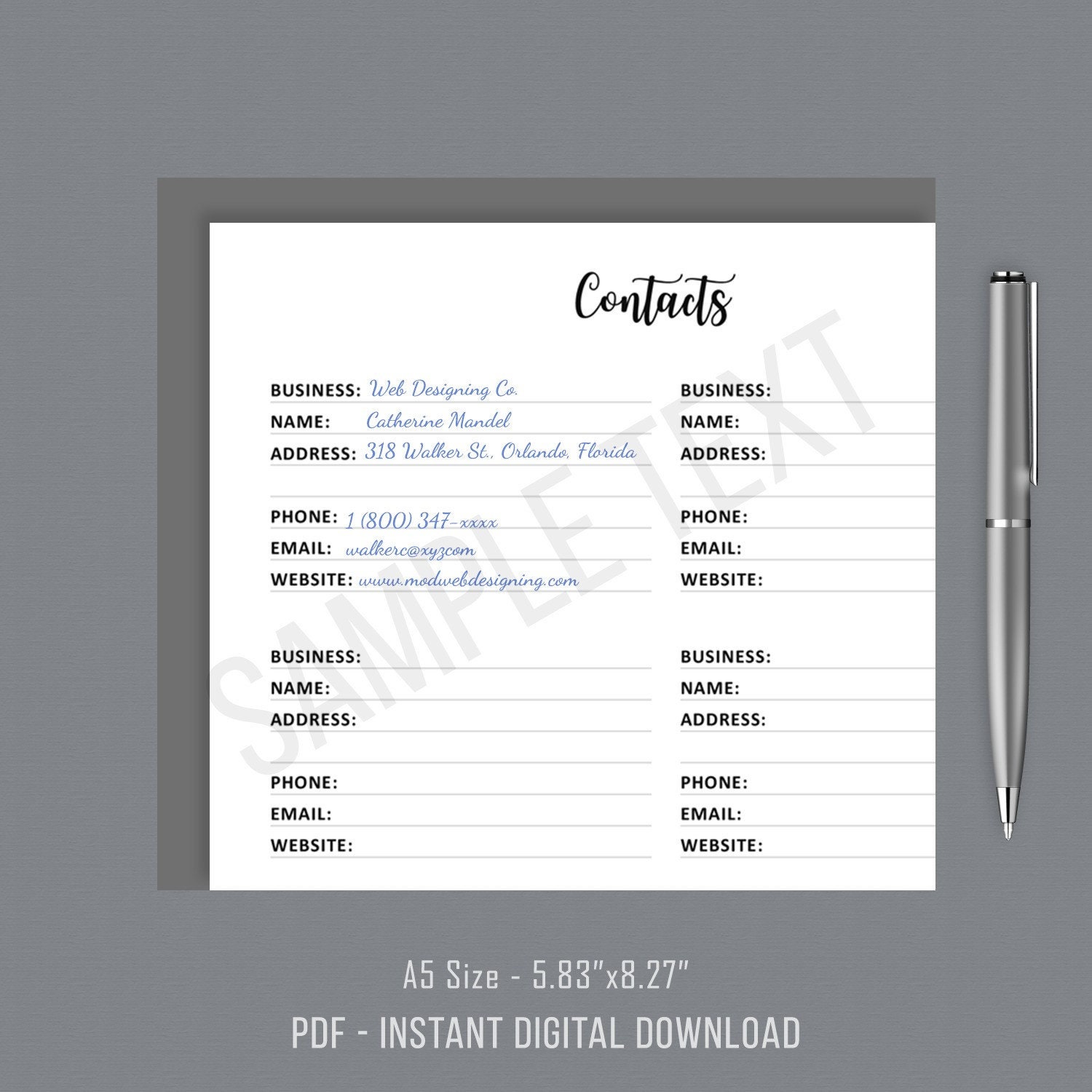 Contacts Page Printable, Contact Sheet, Address Book, Business Contacts ...