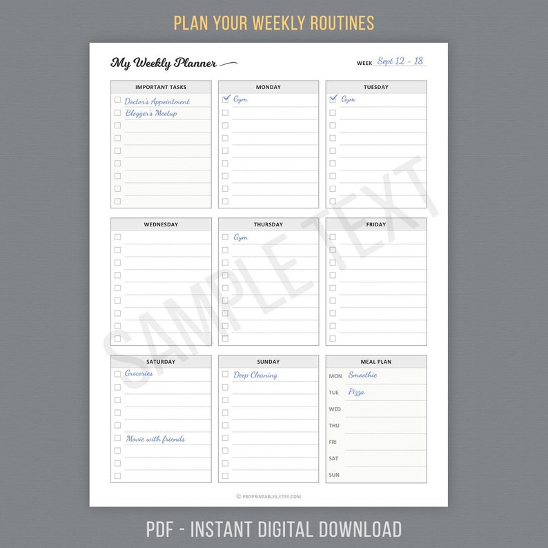 Weekly Planner, Weeks Plan, Weekly Schedule, Week Organizer, to Do List ...