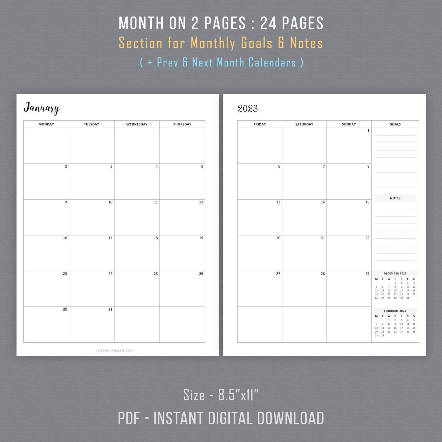 2023 Monthly Planner Pages Printable, Monthly Spread, Agenda, Planner ...