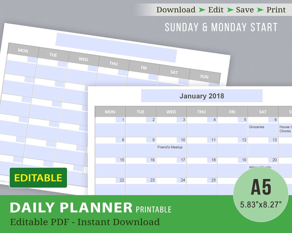 Editable Calendar Template, Printable Monthly Calendar, Sunday Start ...