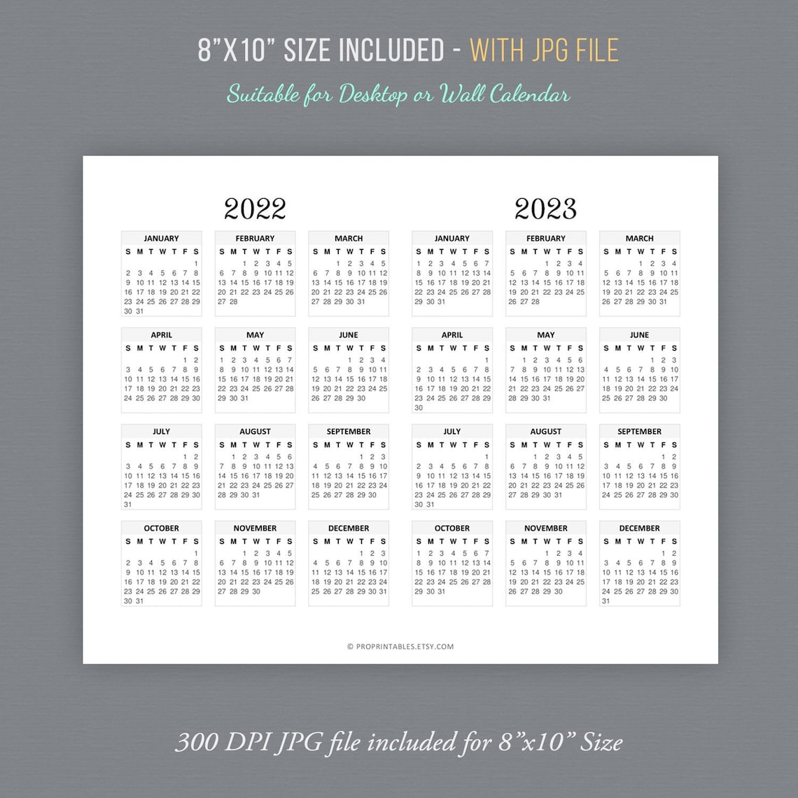 2022-2023 Yearly Calendar, Horizontal Wall Calendar, Desktop Calendar ...