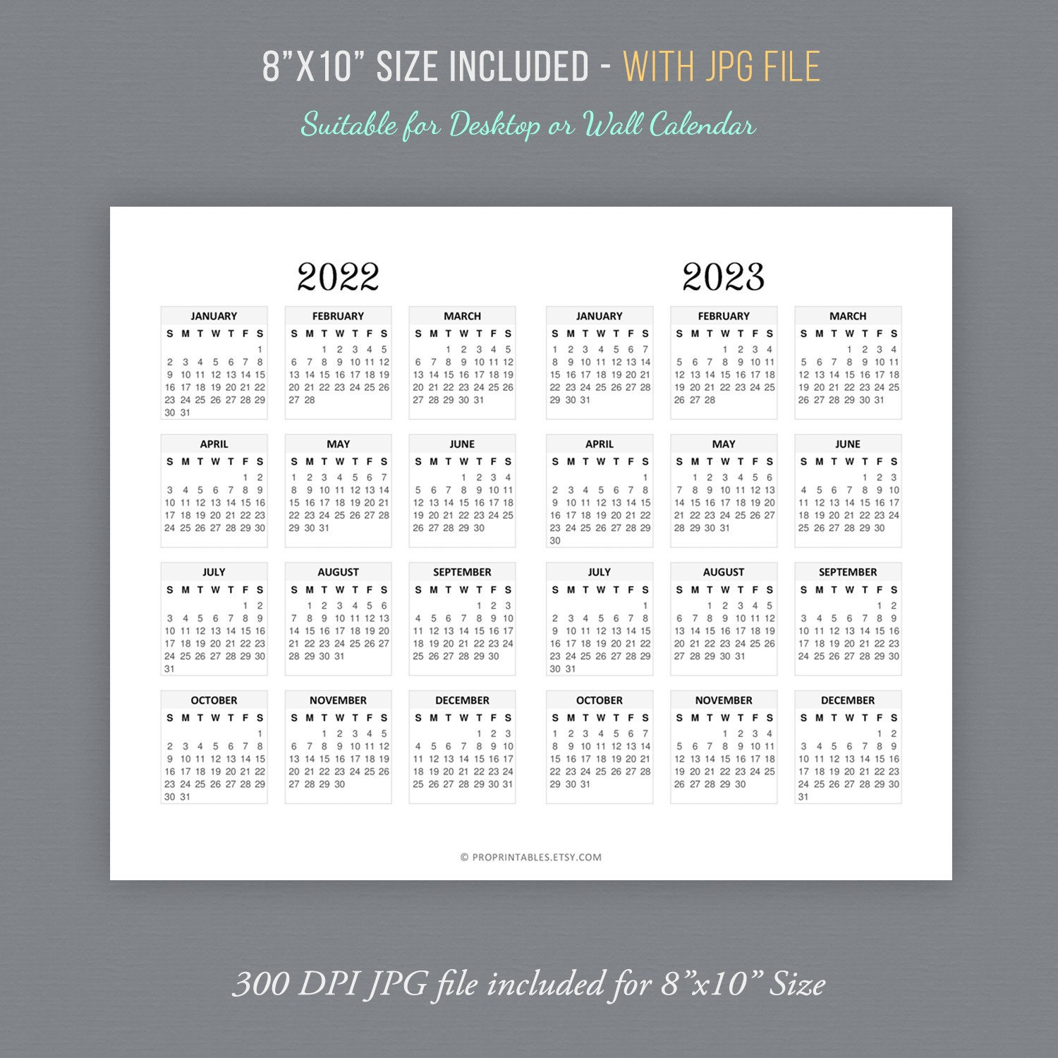 2022-2023 Yearly Calendar, Horizontal Wall Calendar, Desktop Calendar ...