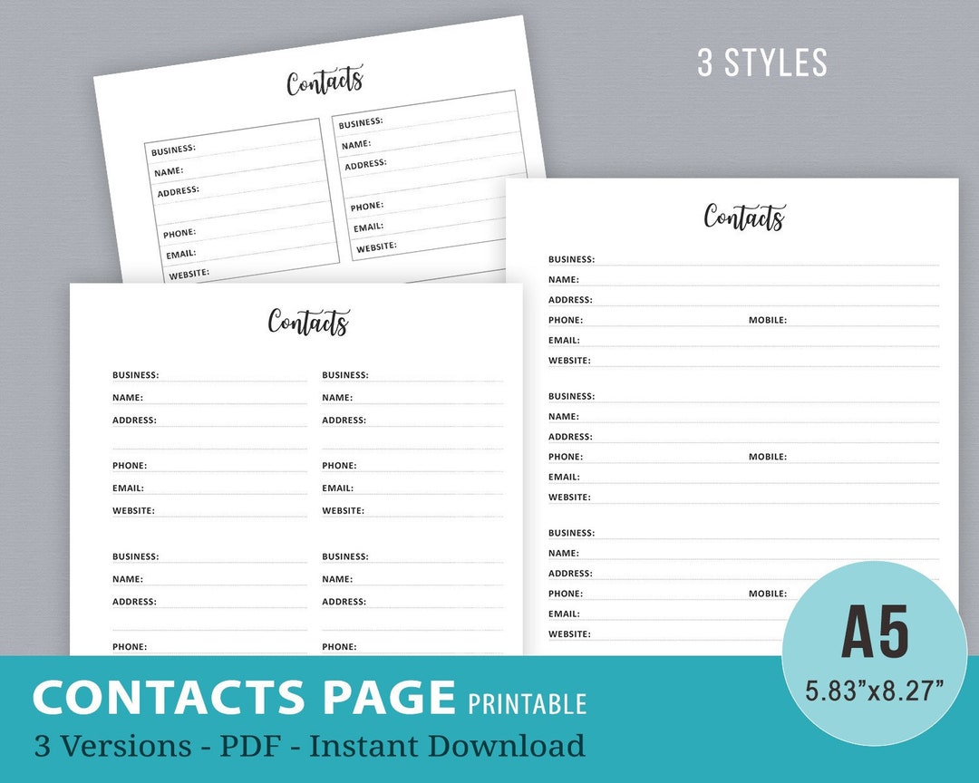 Contacts Page Printable, Contact Sheet, Address Book, Business Contacts ...