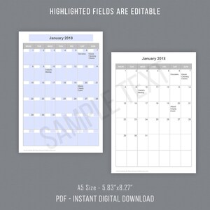 Editable Calendar Templates, Editable PDF, Printable Calendar, Vertical ...