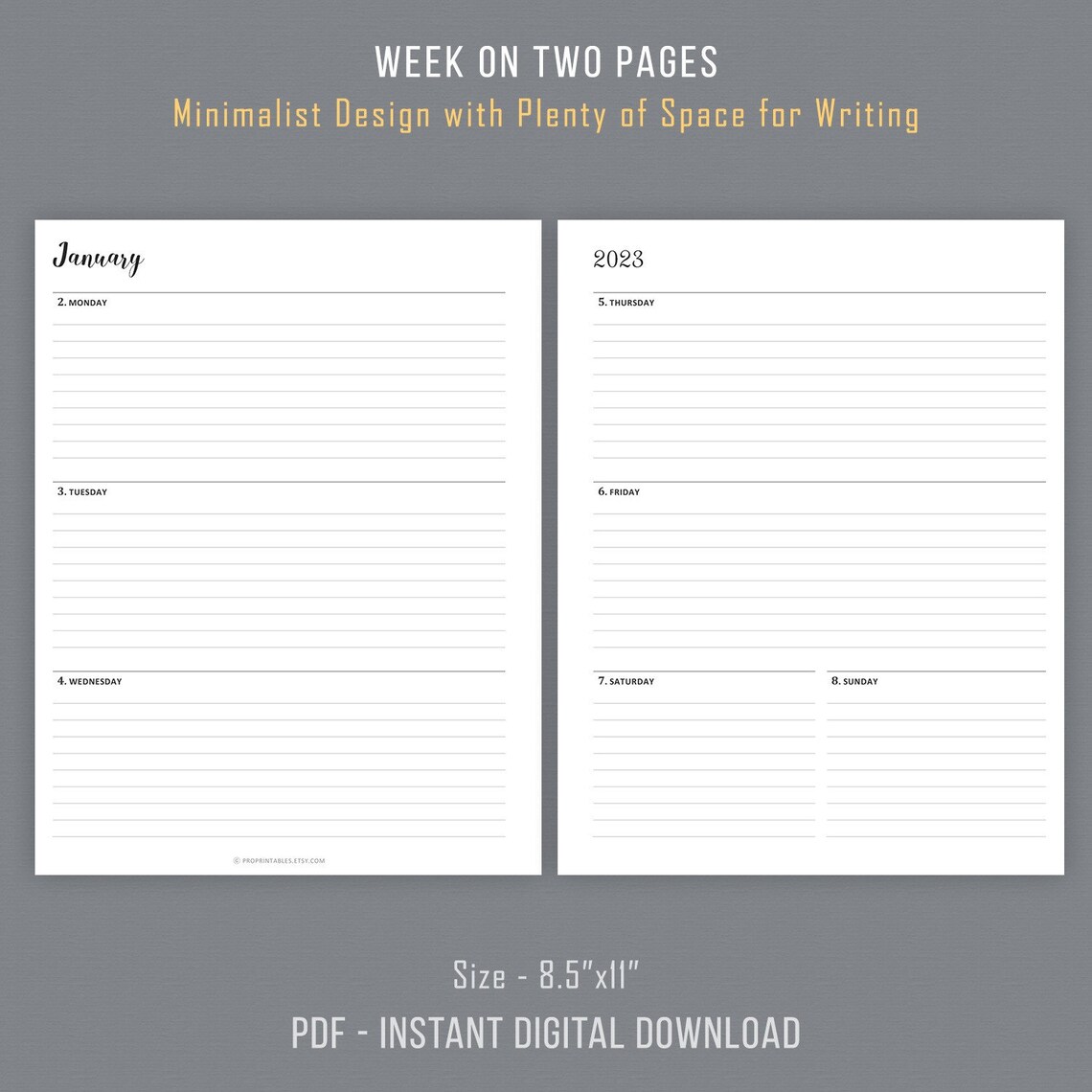 2023 Weekly Planner Printable Sunday Monday Start WO2P Goals - Etsy