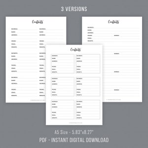 Contacts Page Printable, Contact Sheet, Address Book, Business Contacts ...