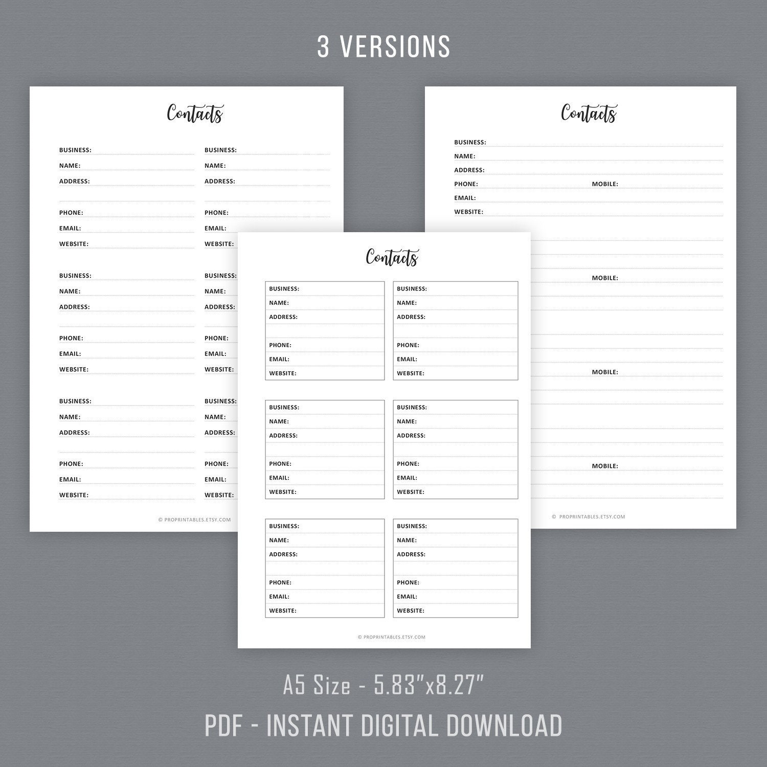 Contacts Page Printable, Contact Sheet, Address Book, Business Contacts ...