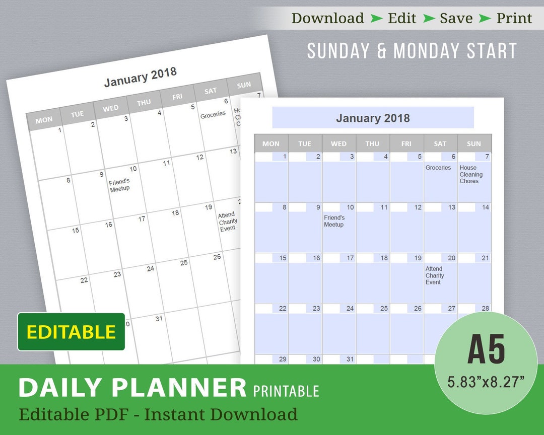Editable Calendar Templates, Editable PDF, Printable Calendar, Vertical ...