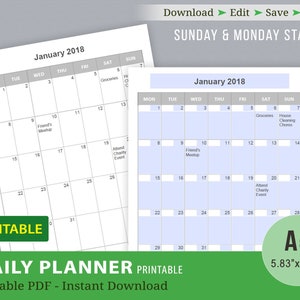 Editable Calendar Templates, Editable PDF, Printable Calendar, Vertical ...