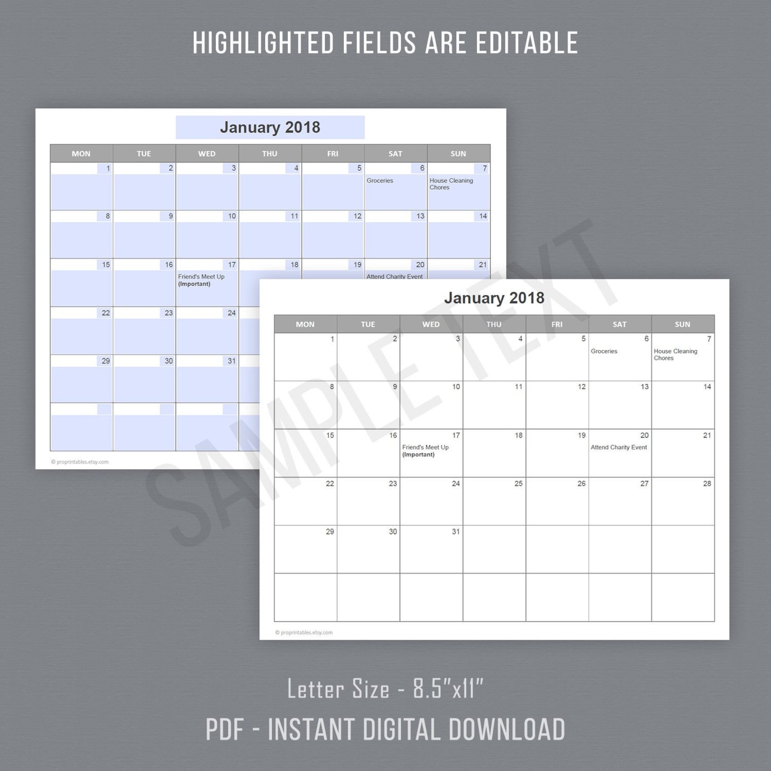 Editable Calendar Templates, Editable PDF, Printable Calendar, Monthly ...