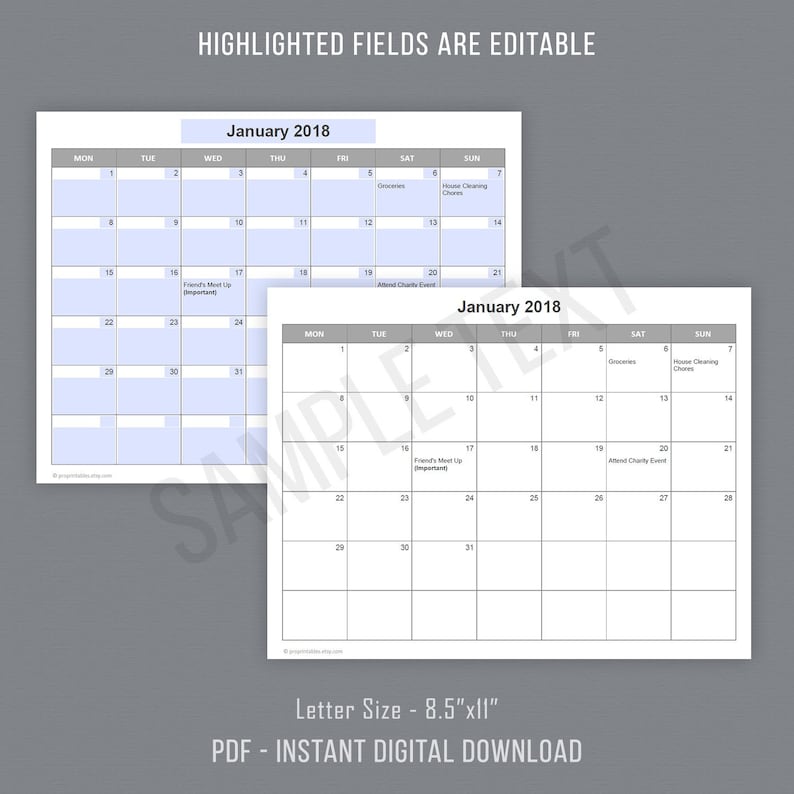 Editable Calendar Templates, Editable PDF, Printable Calendar, Monthly ...