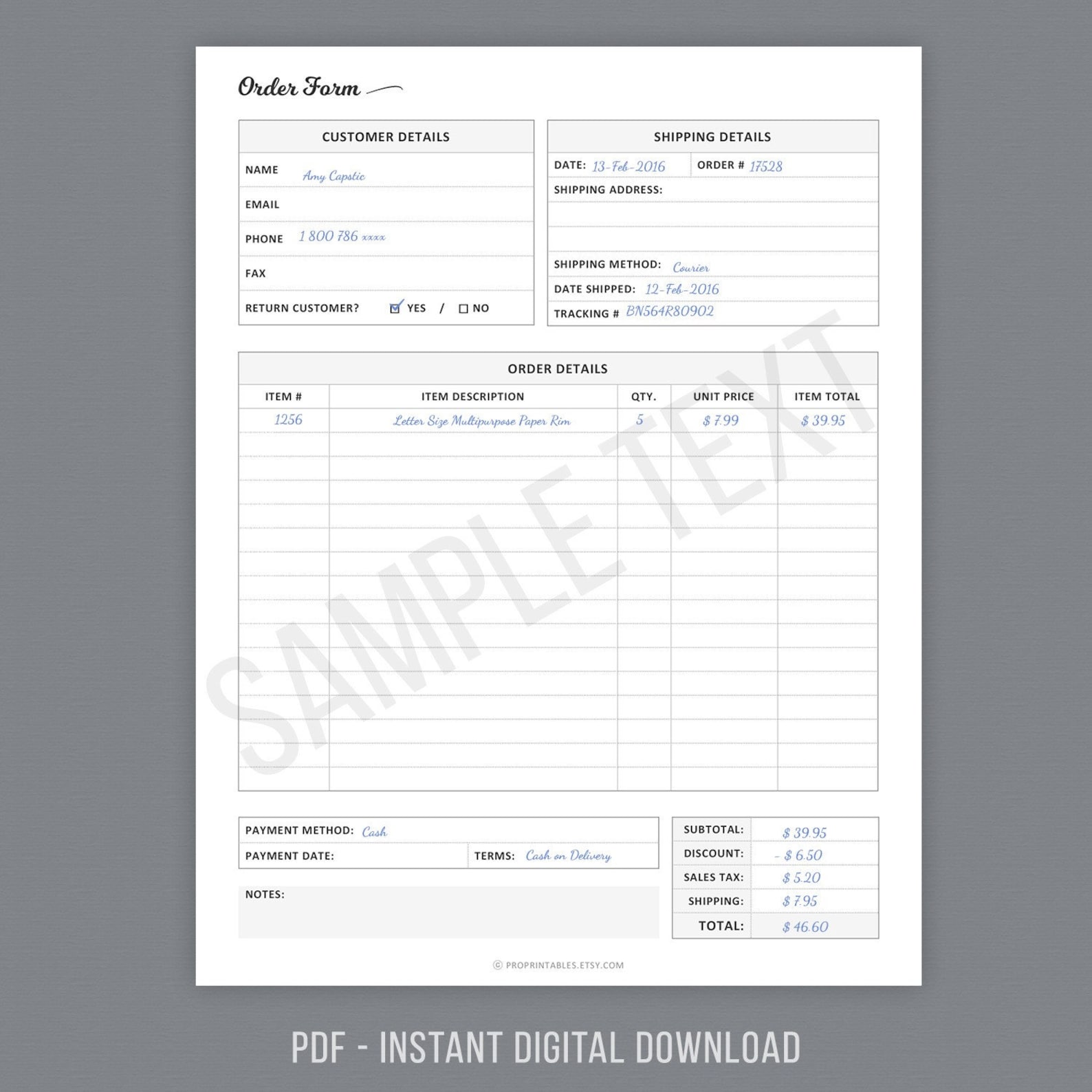 Order Form Printable, Custom Order Form Template, Business Planner ...