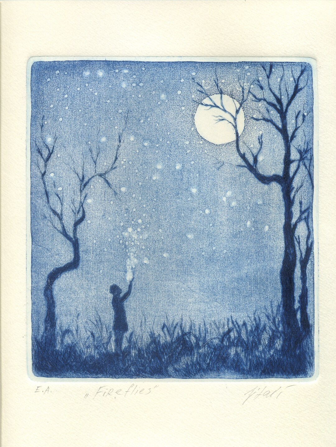 Original Hand-printed fireflies Print, Blue Ink on White Paper ...