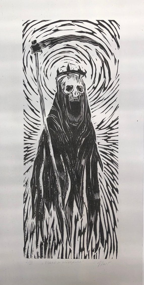 Original linocut print Scary Vibration. | Etsy
