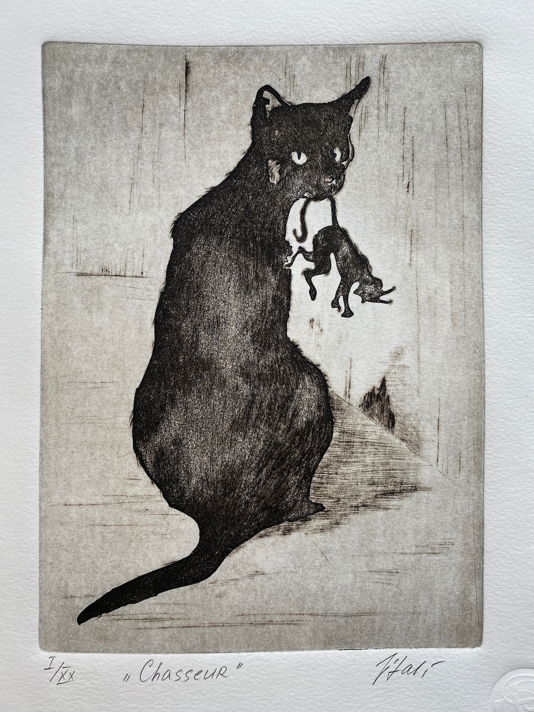 Original Etching of the Cat "hunter", Hand-printed, Numbered and Signed ...