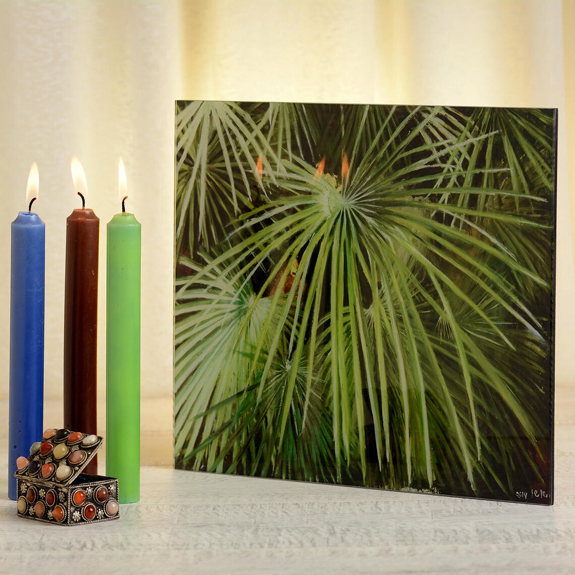 Glass Art, Green Wall Art, Glass Art Print, Oil Painting on Glass, Palm ...