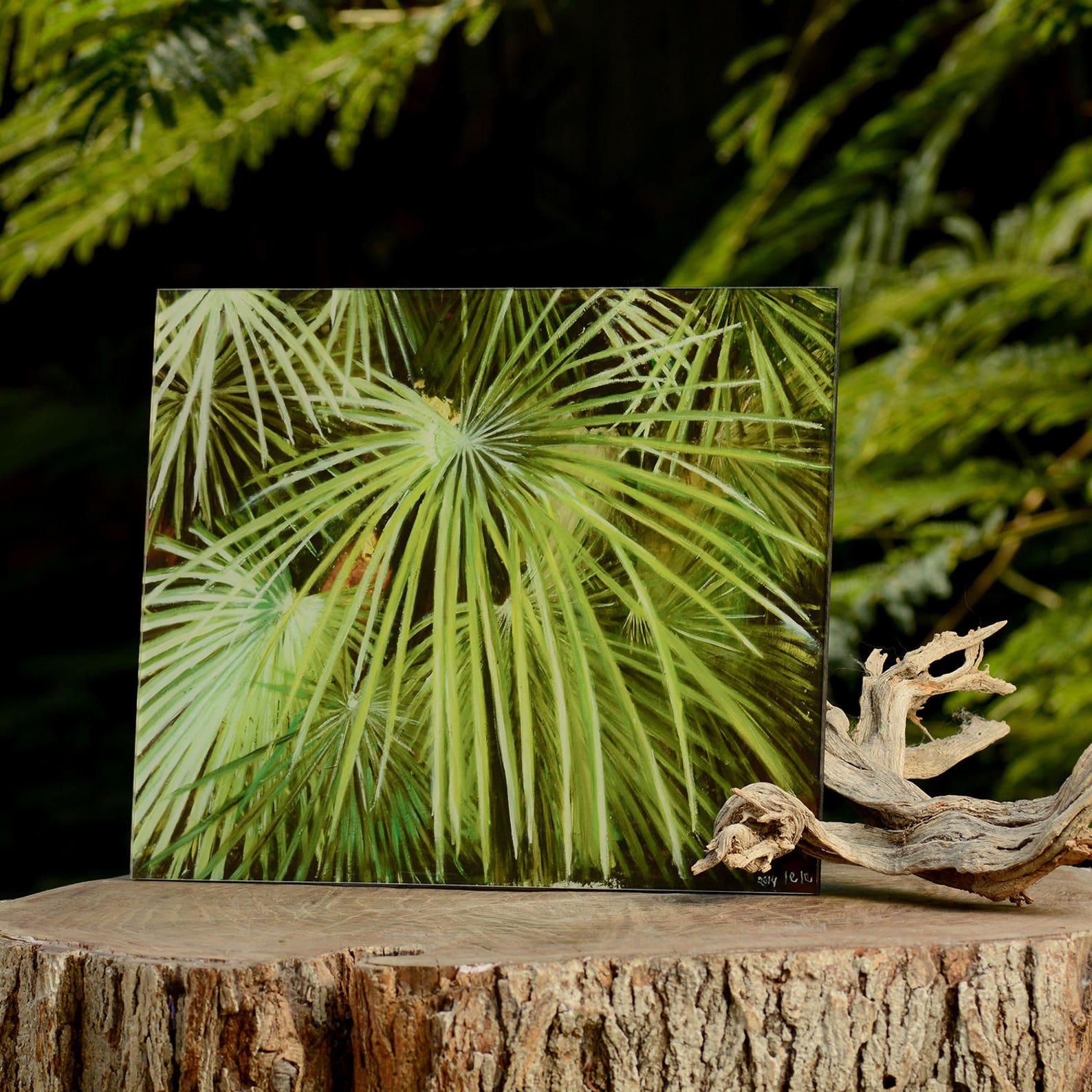 Glass Art, Green Wall Art, Glass Art Print, Oil Painting on Glass, Palm ...