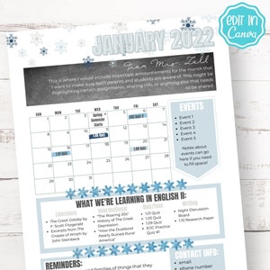 EDITABLE Class Newsletter Template January 2022 Monthly - Etsy