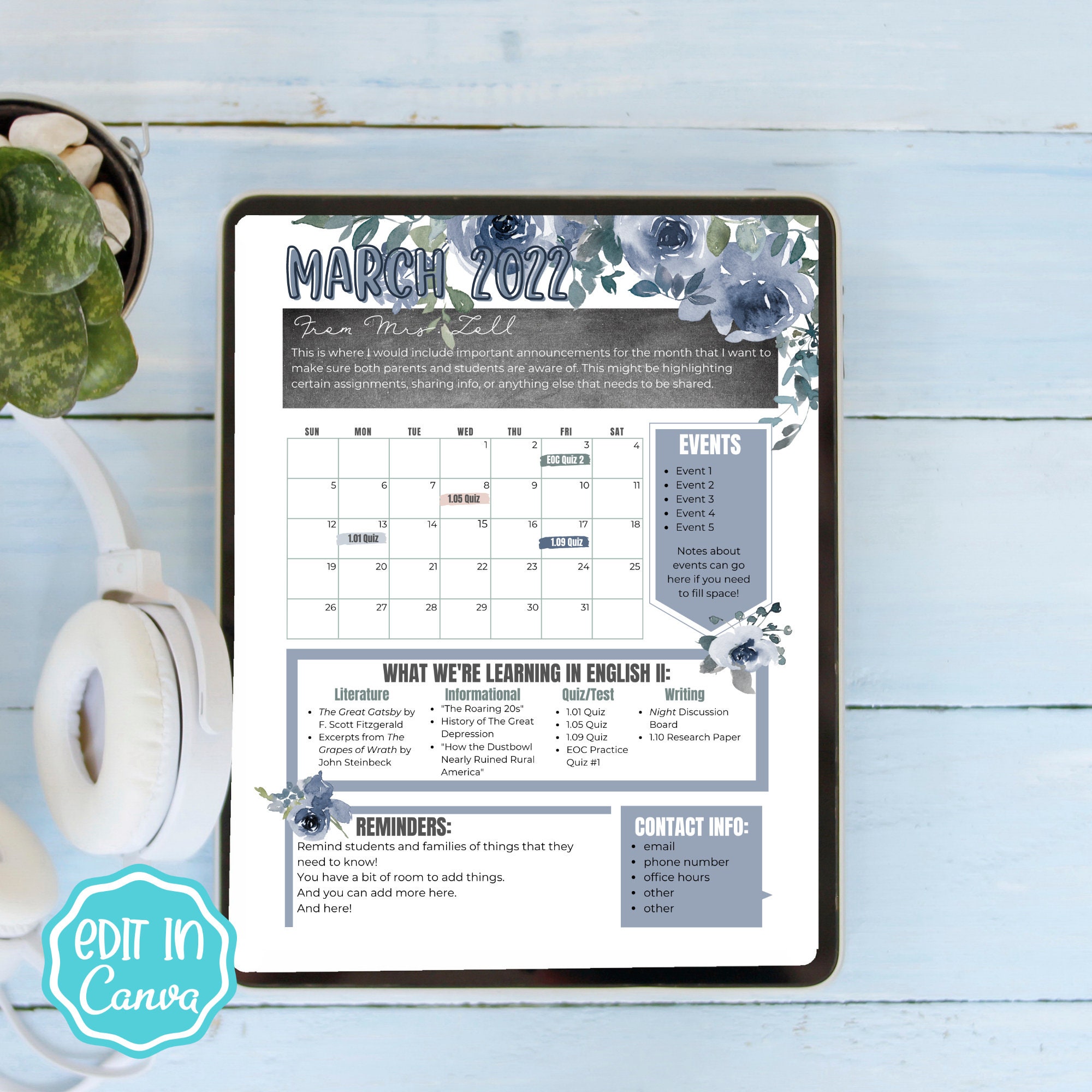 EDITABLE Class Newsletter Template March 2022 Monthly Class - Etsy