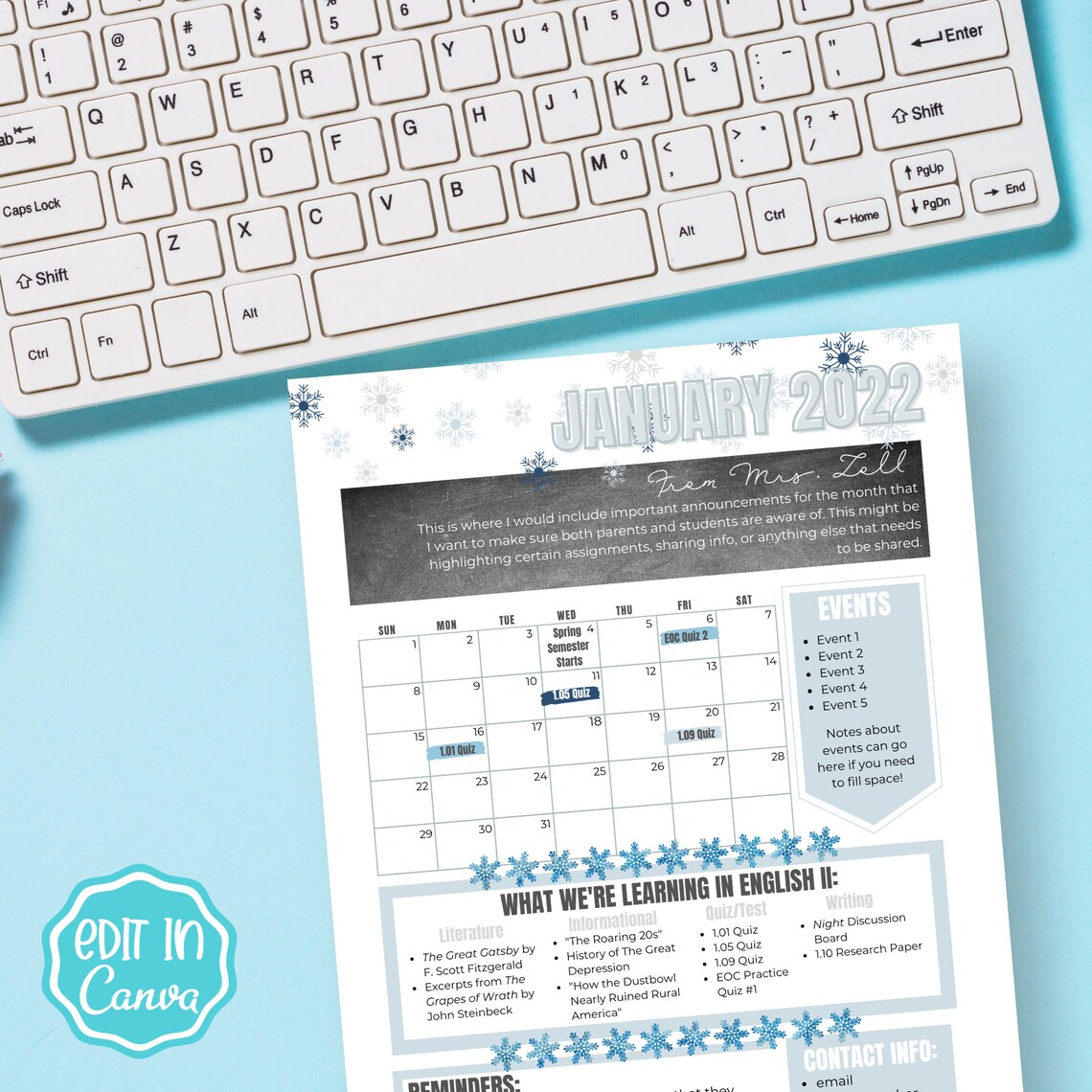 EDITABLE Class Newsletter Template January 2022 Monthly - Etsy