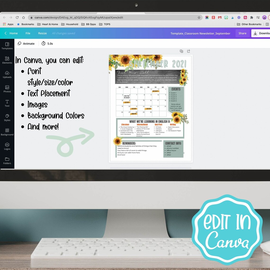 EDITABLE Class Newsletter Template September 2022 Monthly - Etsy