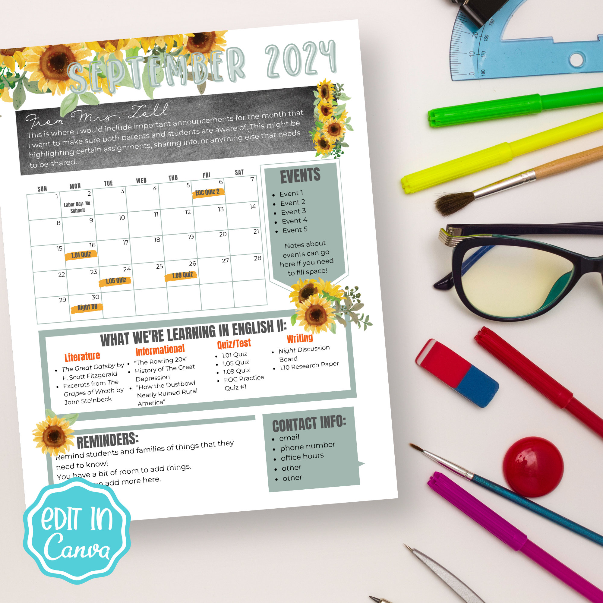 EDITABLE Class Newsletter Template September 2024 | Monthly Class ...